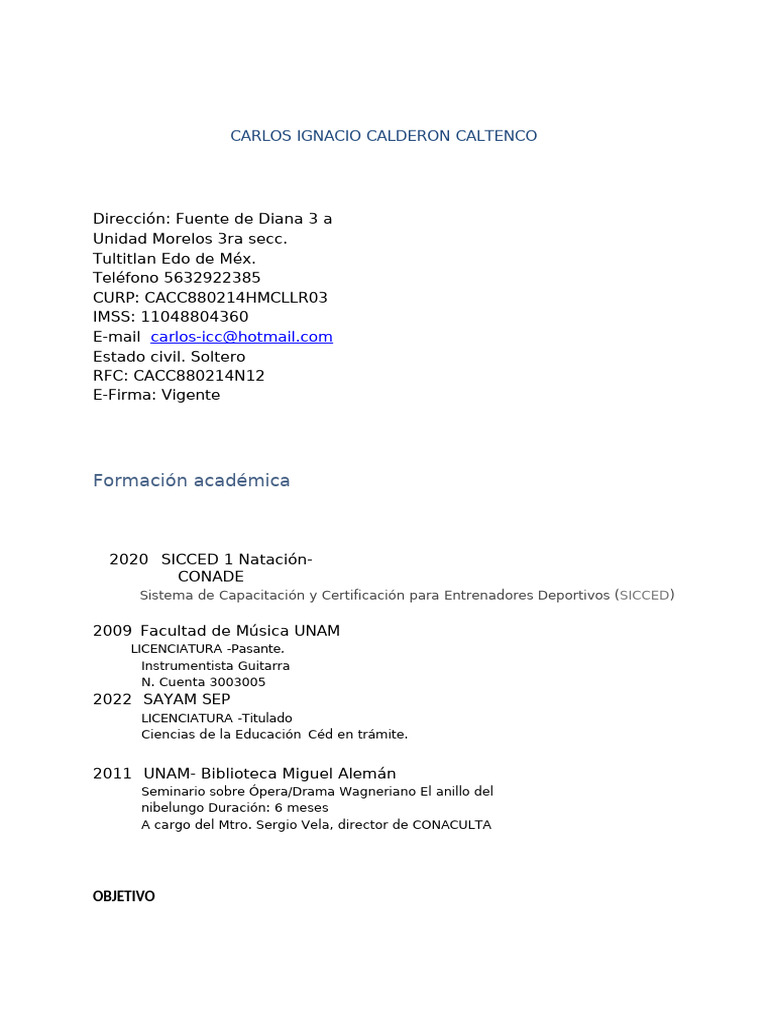Curriculum Carlos Ignacio Calderón Caltenco | PDF | Coro | Educación de la primera infancia