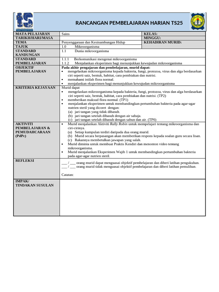 RANCANGAN PEMBELAJARAN HARIAN TS25 24JAN25 | PDF