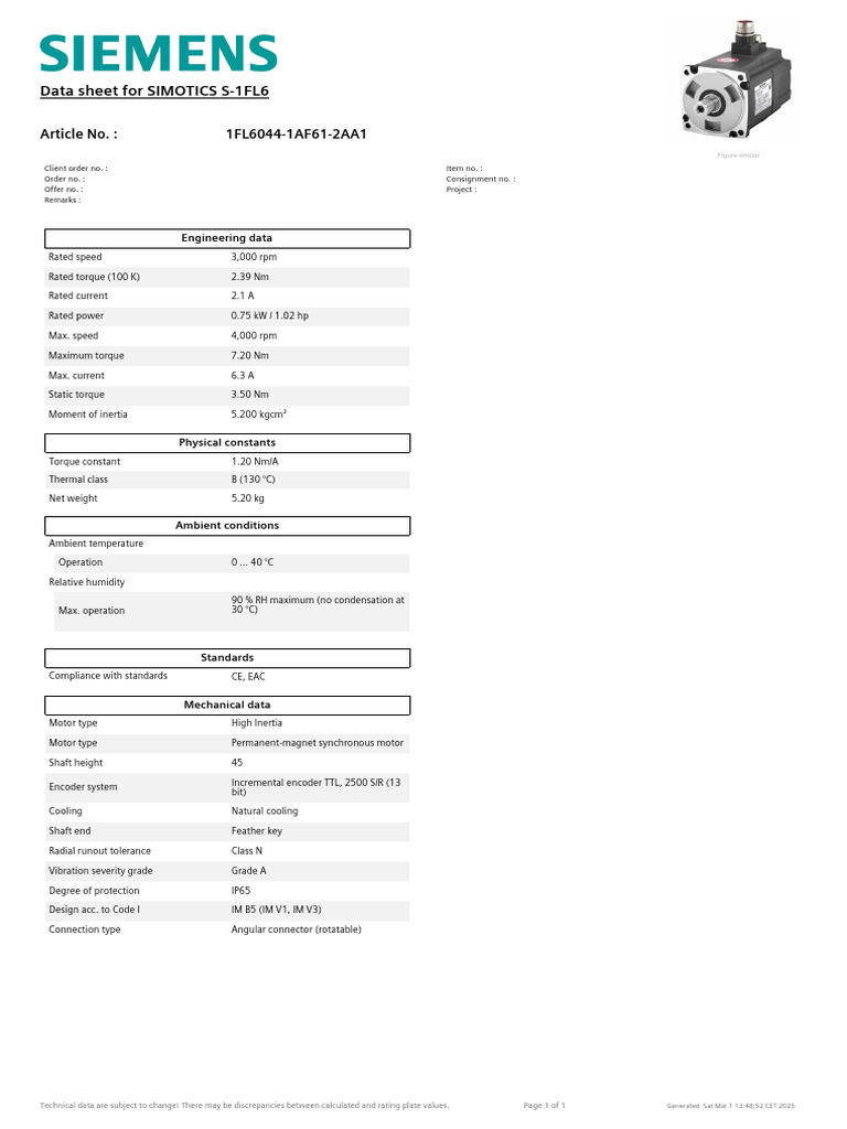 SIMOTICS S-1FL6 Data Sheet Overview | PDF | Torque | Electric Motor