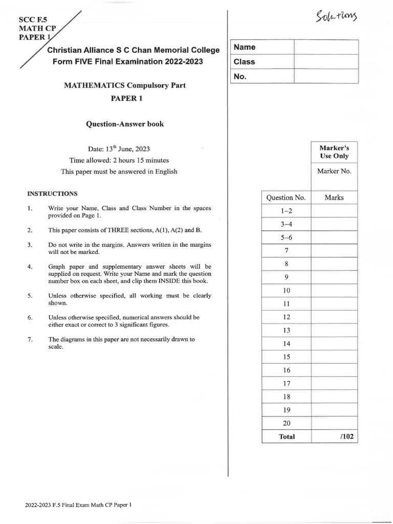 22-23 F.5 Math Final Exam SOL | PDF