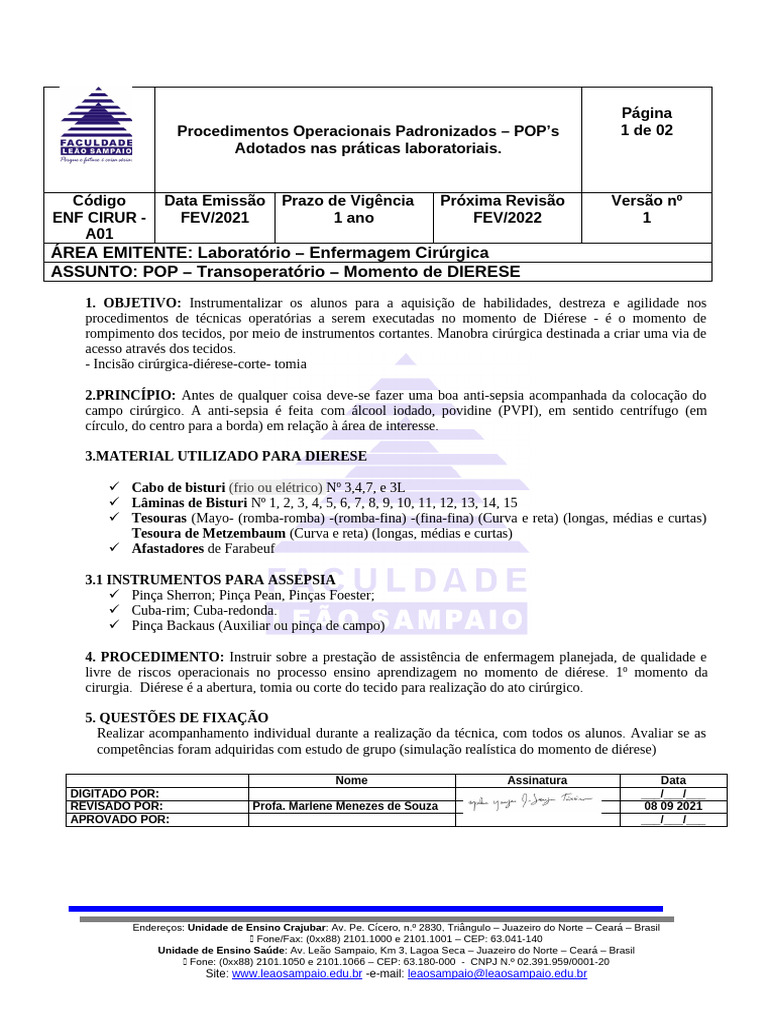 POP - 02 TRANSOPERATÓRIO DIÉRESE 2021 | PDF