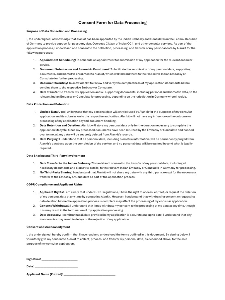Alankit Data Processing Consent Form | PDF | Consul (Representative ...