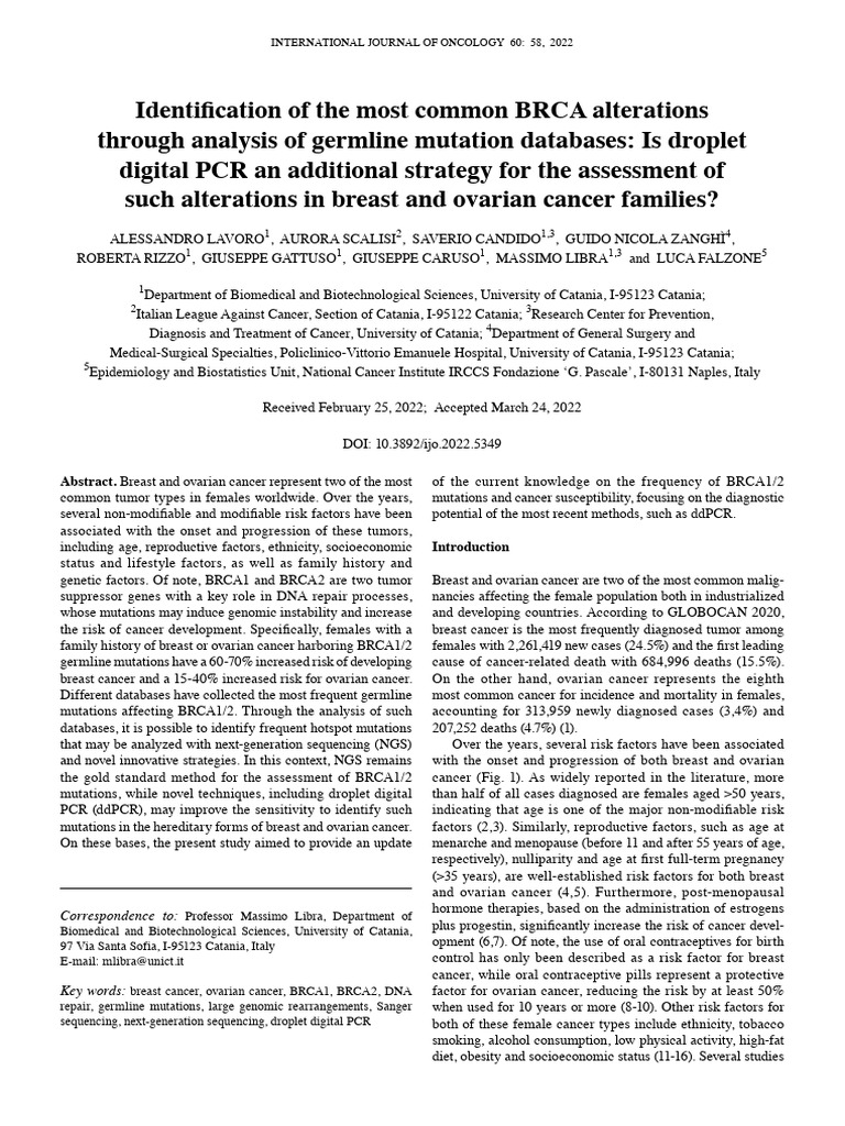 Identification of BRCA Alteration 2022 | PDF | Dna Repair | Dna Sequencing