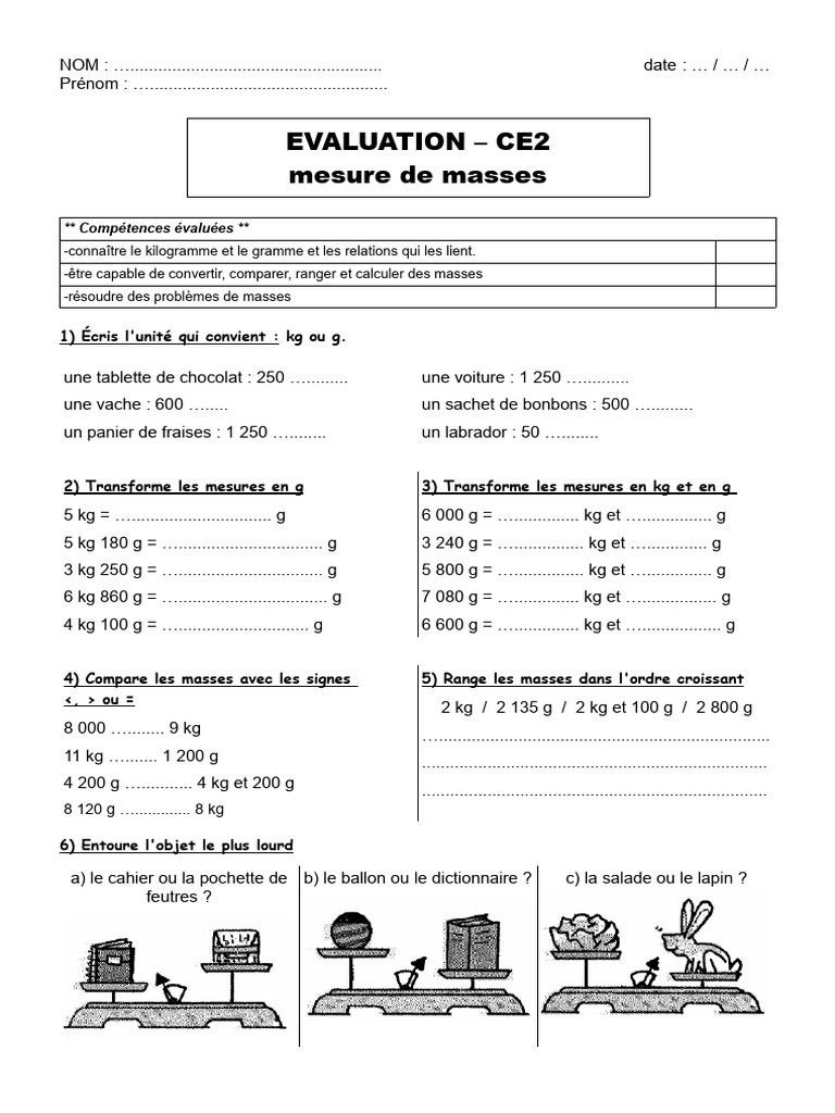 Evaluation Masses CE2 | PDF | Grandeur physique | Quantité