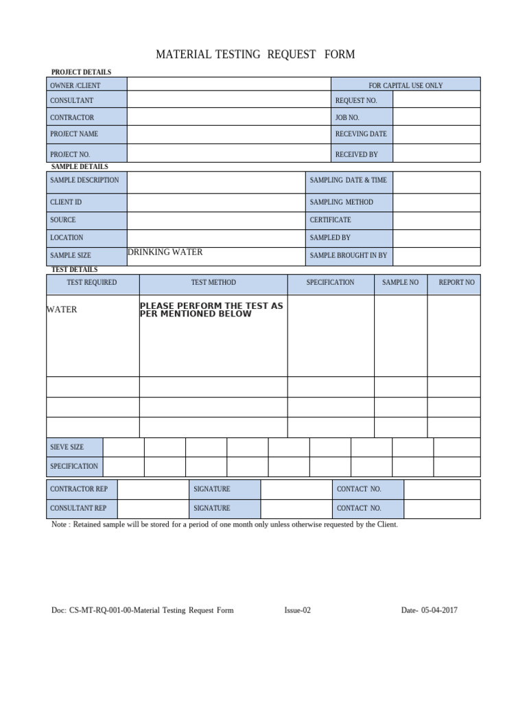 Material Testing Request Form 24-02-25 Drinking Water | PDF