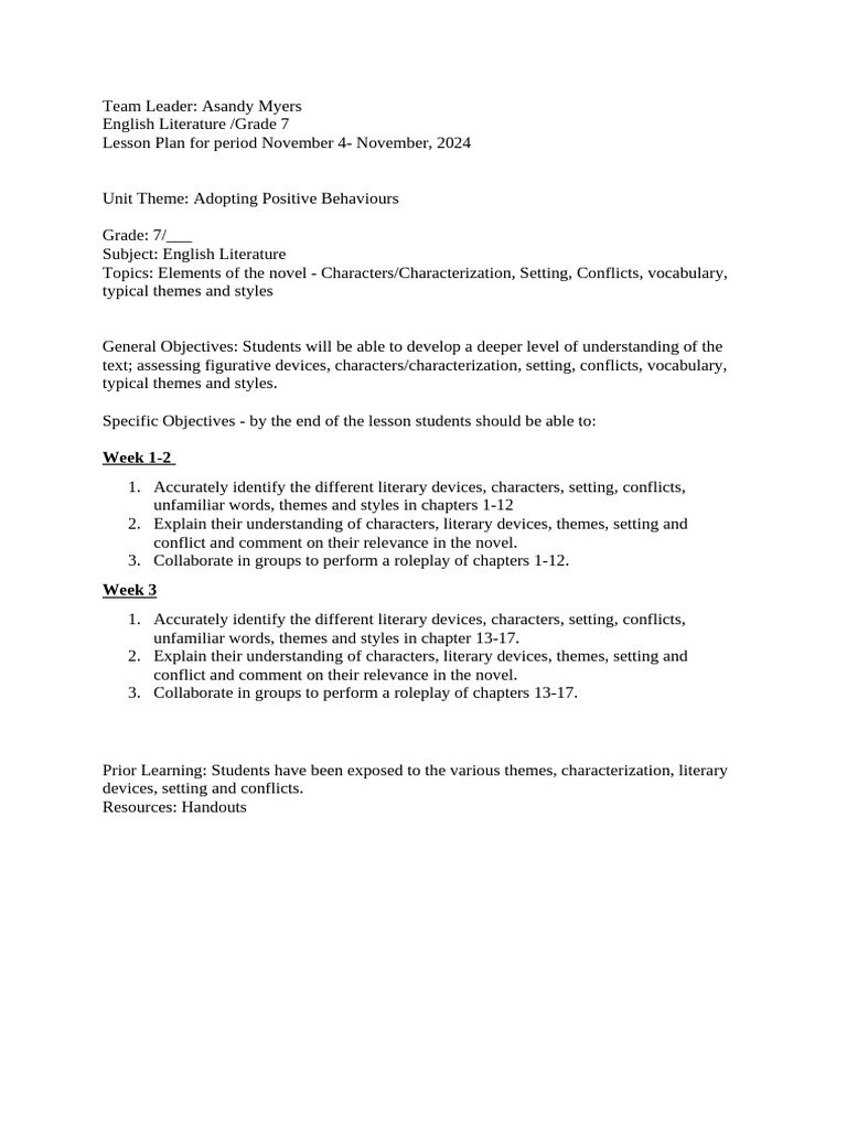 Grade 7 English Literature Lesson Plan | PDF | Vocabulary | Human ...
