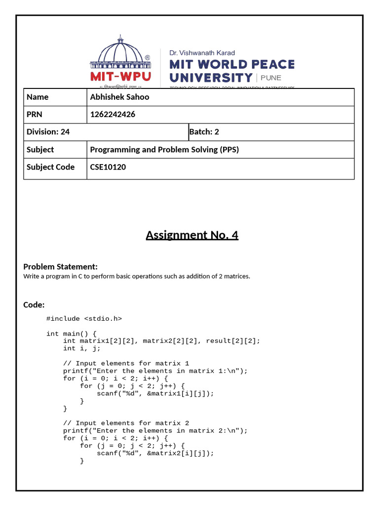 PPS Assignment 4 Addition of 2 Matrices | PDF