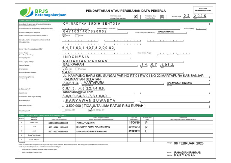 Formulir BPJS Ketenagakerjaan | PDF