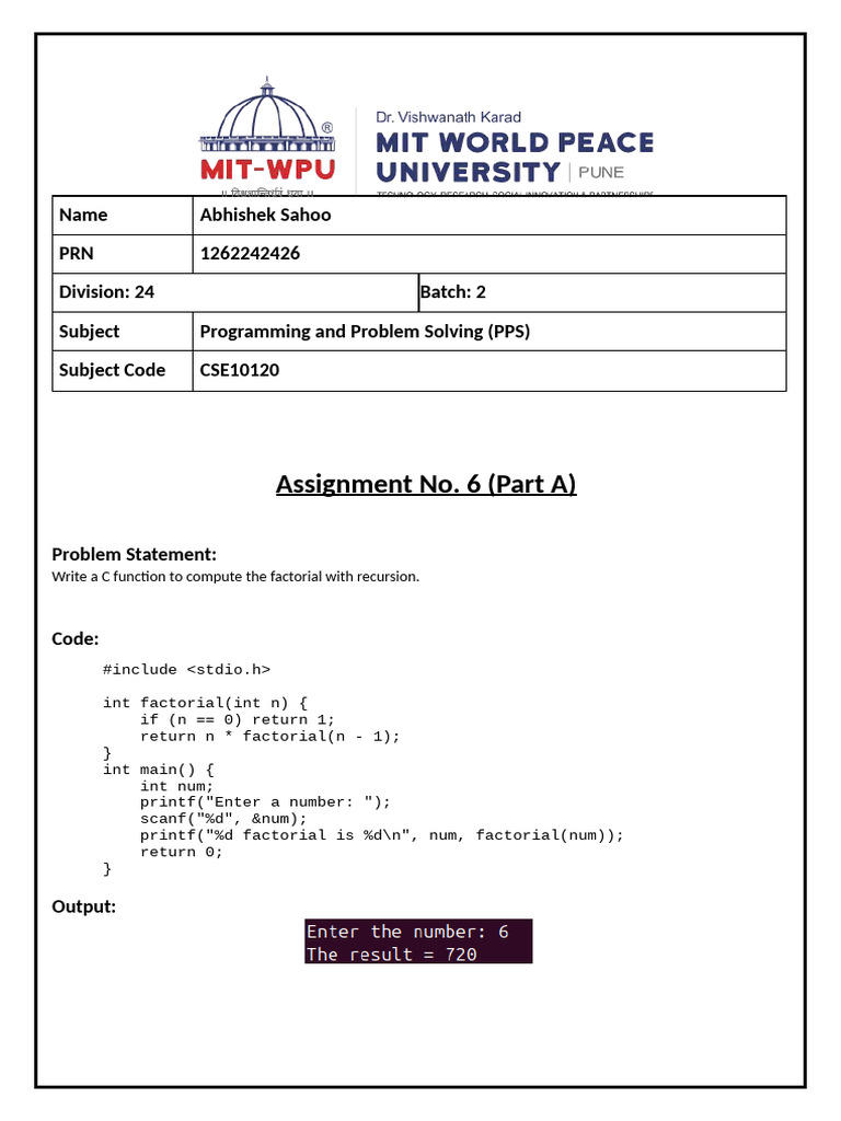 PPS Assignment 6A Factorial With Recursion | PDF