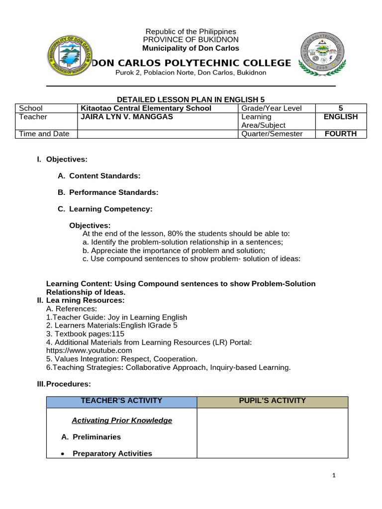 Problem-Solution in English 5 Lesson Plan | PDF | Teachers | Learning