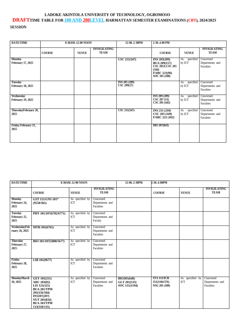 1a. 100-200 Level Final 2024 - 2025 Harmattan Semester CBT Exam Time Table | PDF | Educational ...
