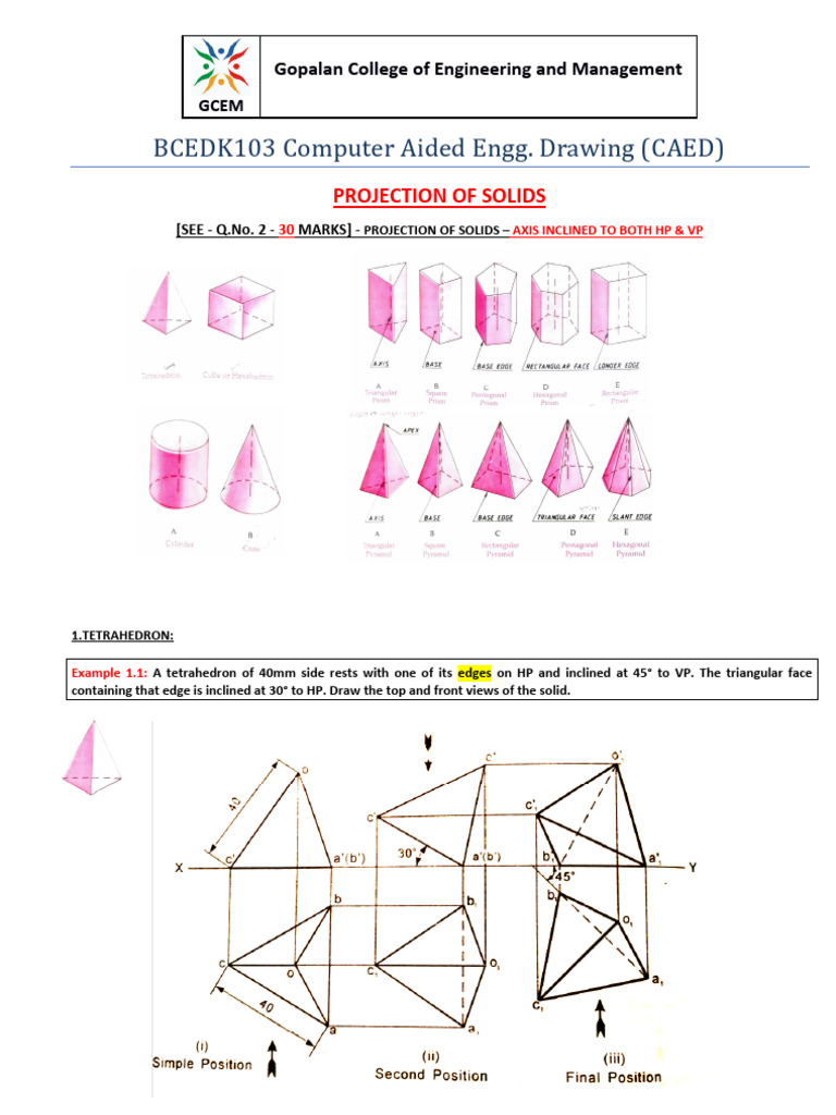 CAED - Projection of Solids - Problems | PDF | Tetrahedron | Geometric ...