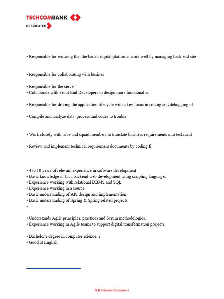 Techcombank - Senior Java Developer JD 3 | PDF | Software Development ...