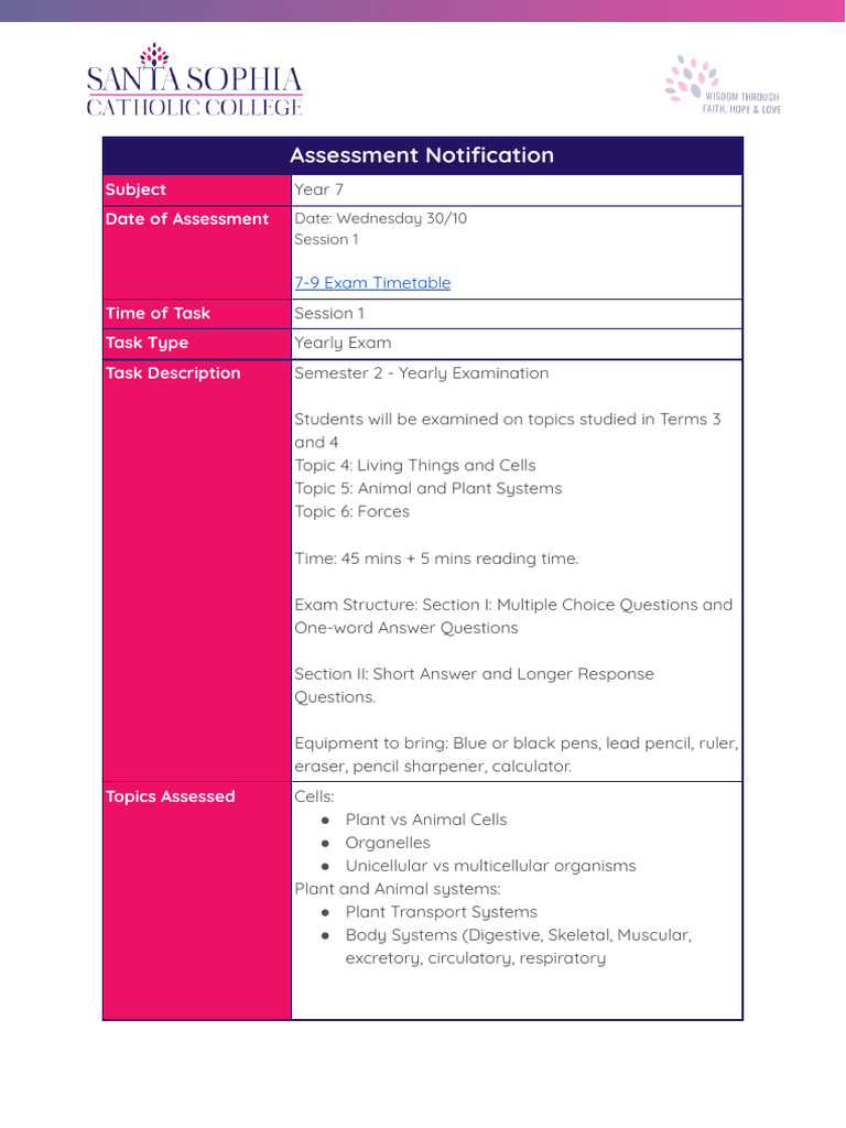 Year 7 Semester 2 Exam Notification | PDF | Life | Cell (Biology)