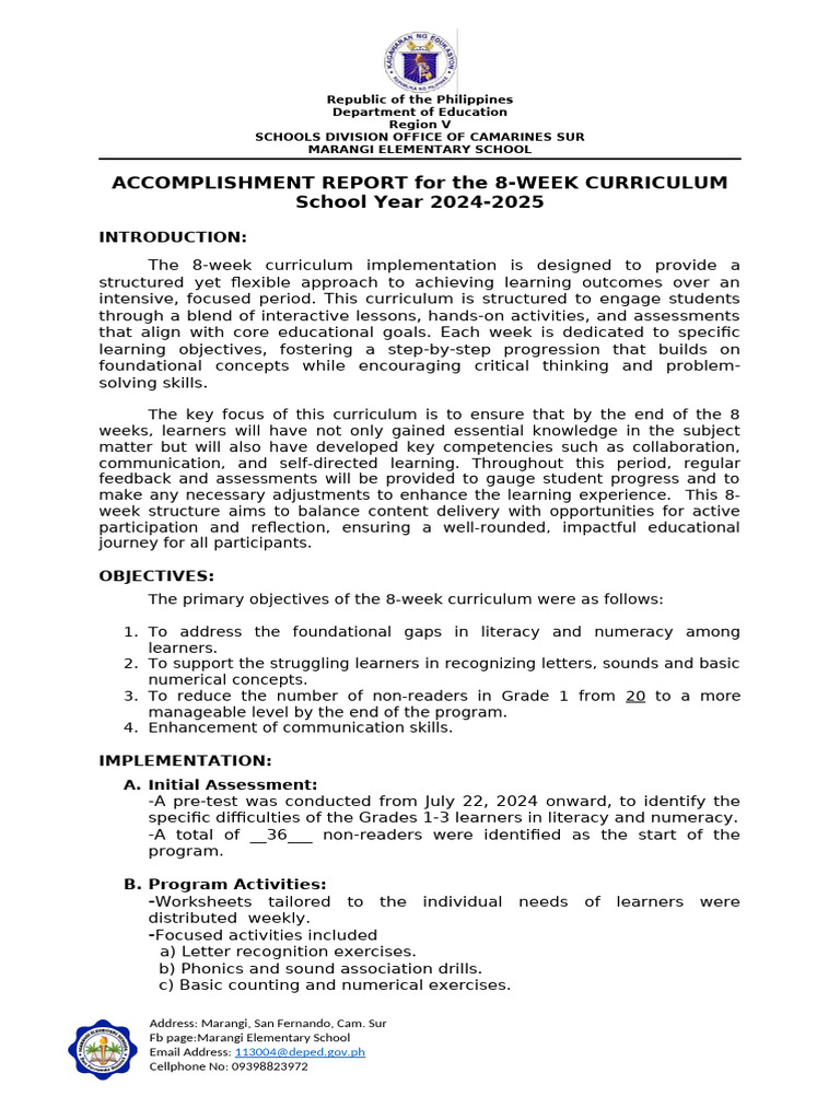 8-Week Acc Report - To Finalize (New) | PDF | Curriculum | Learning