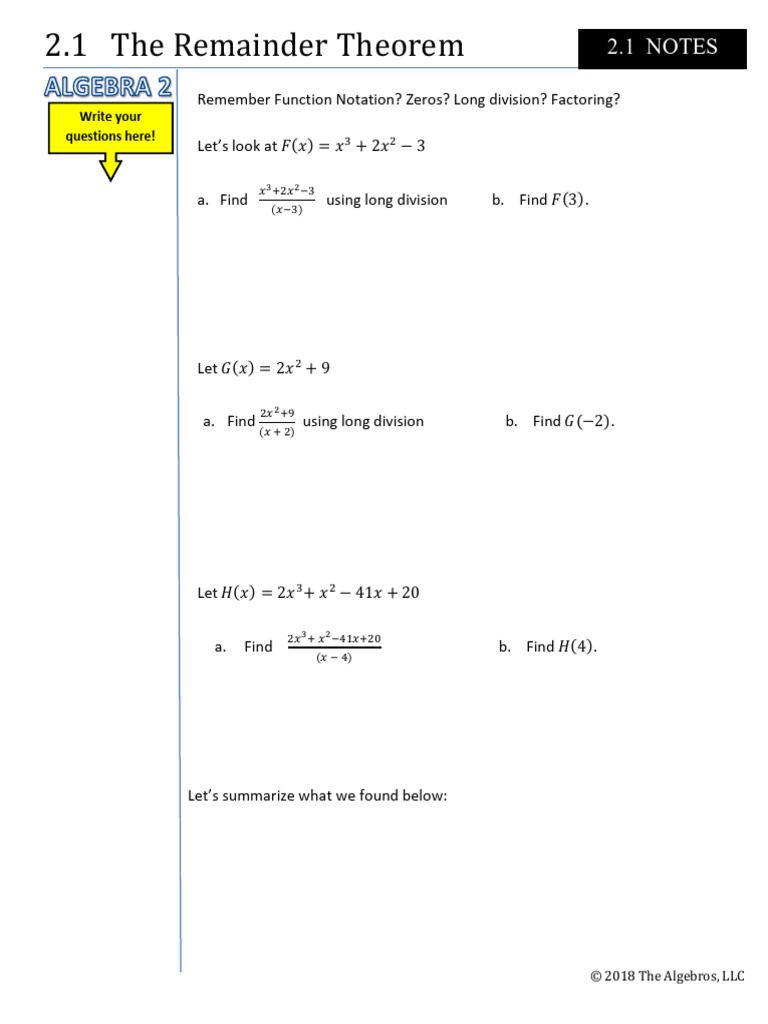 2.1 Remainder Theorem Packet | PDF | Zero Of A Function | Polynomial