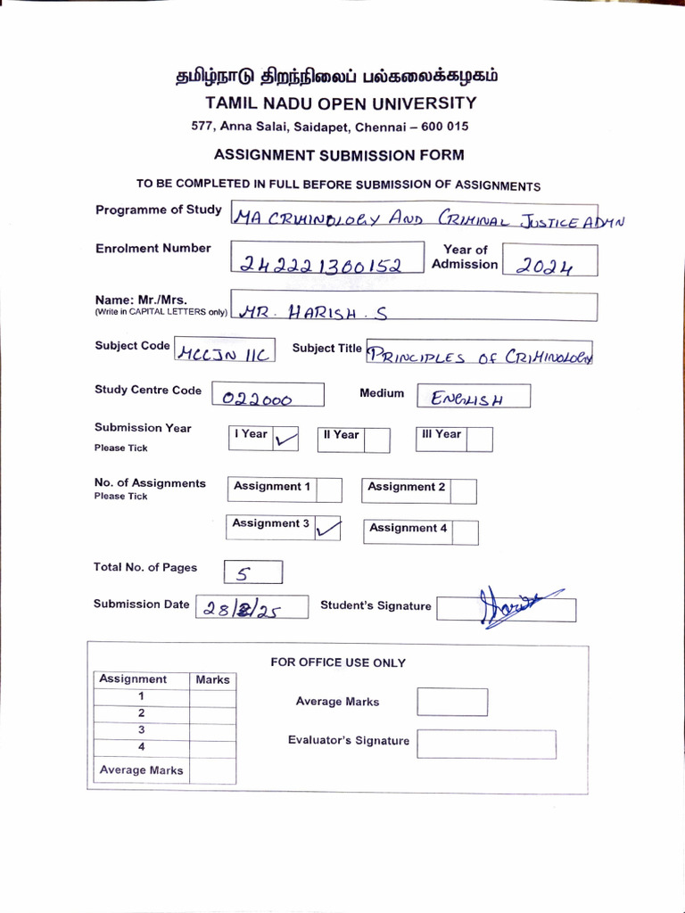 Tamil Nadu Open University Assignment Form | PDF