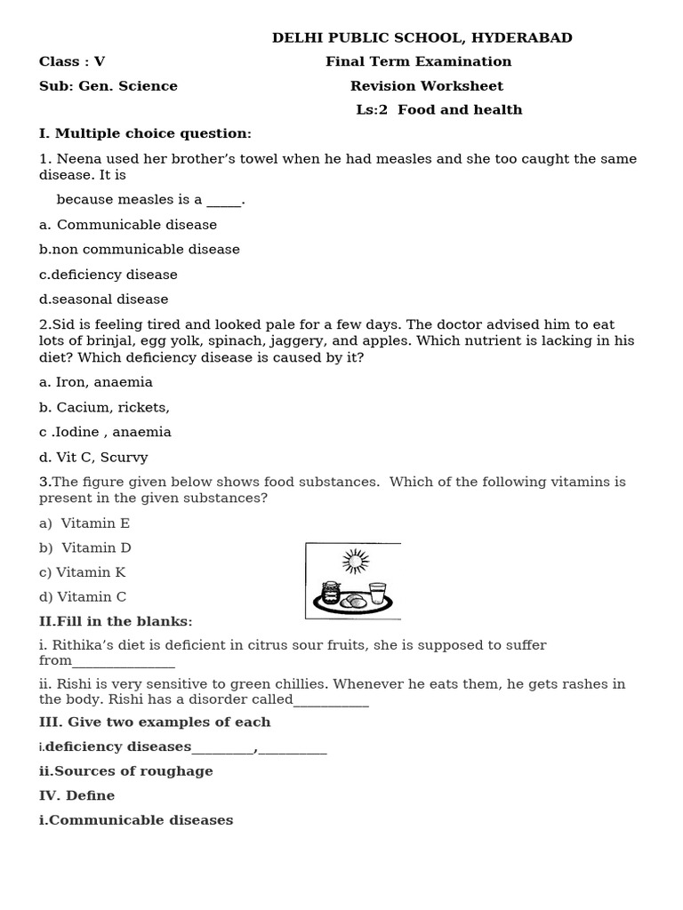 Class 5 Revision Ws 2025 Chap 2 Food and Health | PDF | Vitamin | Foods