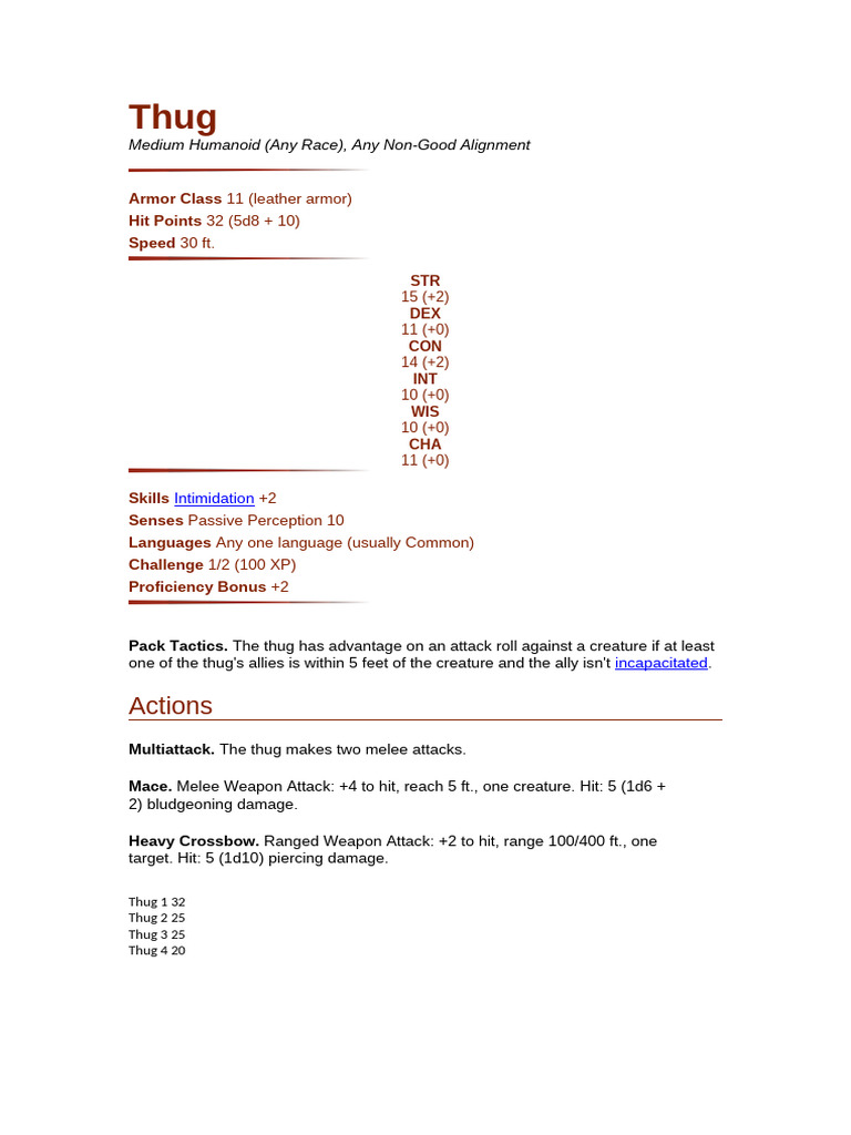 D&D Thug, Mage, Cultist Stats | PDF