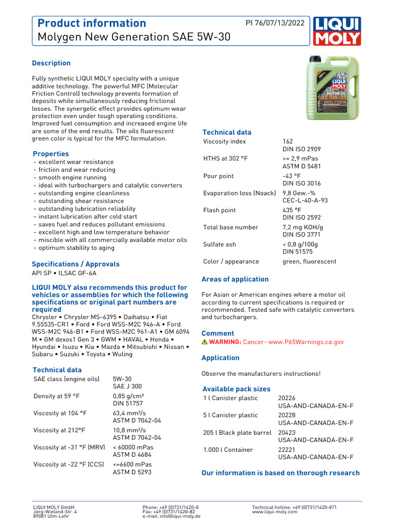 P001757 Molygen New Generation SAE 5W 30 76 en - US | PDF | Motor Oil ...