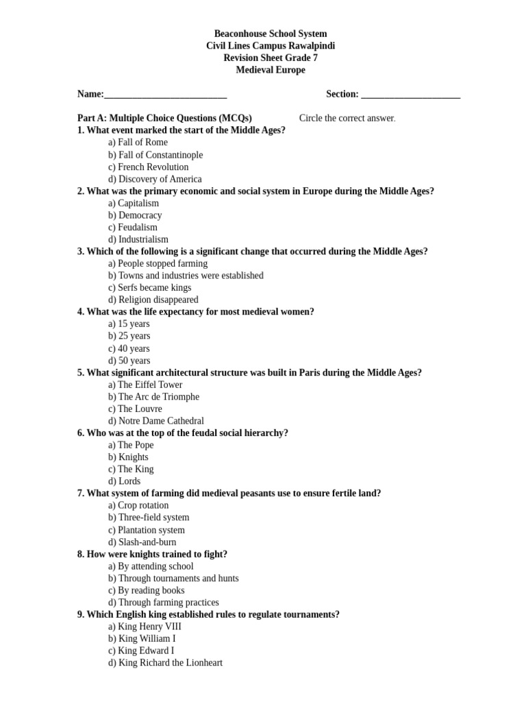 Grade 7 Medieval Europe Revision Sheet | PDF | Middle Ages | Feudalism