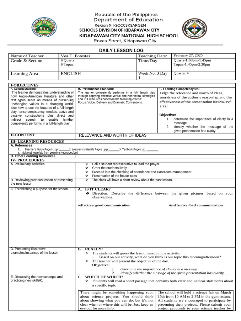 Q4 WEEK3 DAY1 DLL | PDF | Communication | Learning