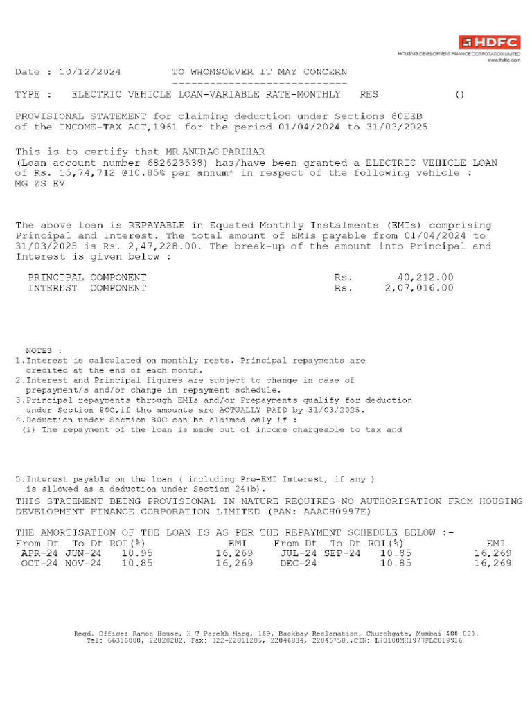 Electric Vehicle Loan Certificate | PDF