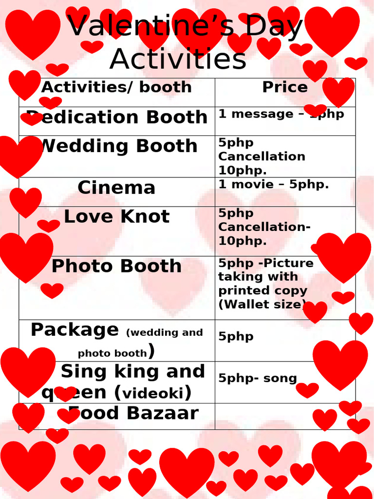 Valentine S Day Booth Activities Prices Pdf