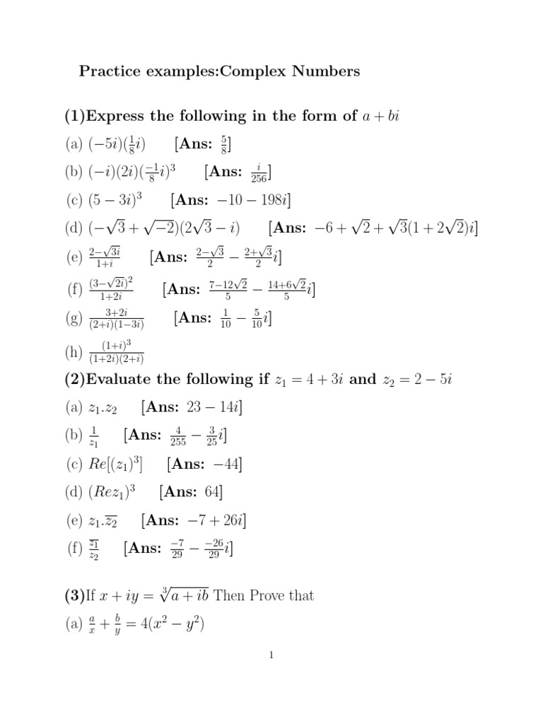 Complex Numbers Practice Problems | PDF | Complex Analysis | Algebra