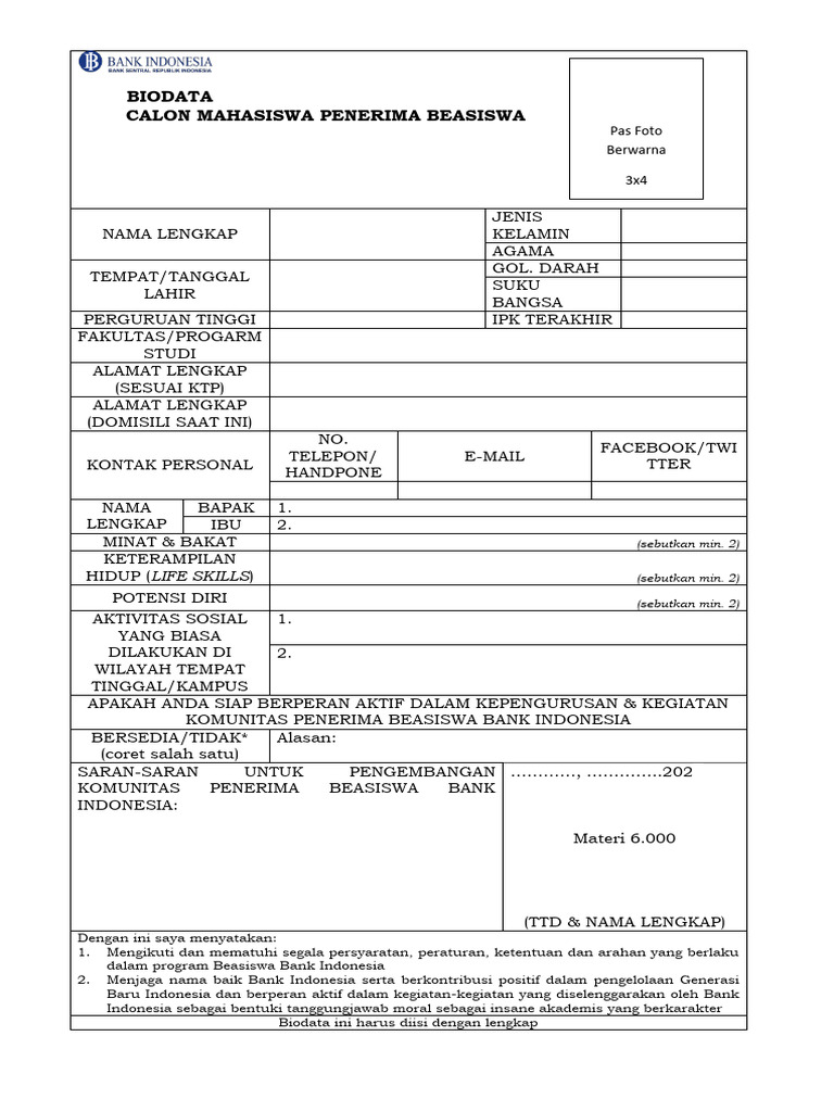 Formulir Biodata Beasiswa BI | PDF