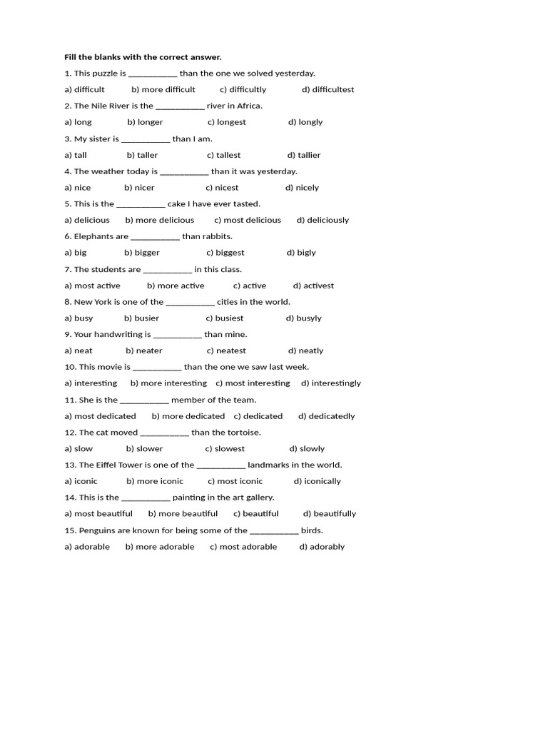 Comparative and Superlative Worksheet | PDF