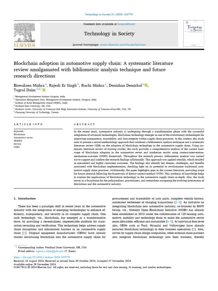 Blockchain adoption in automotive supply chainA systematic literature review amalgamated with ...