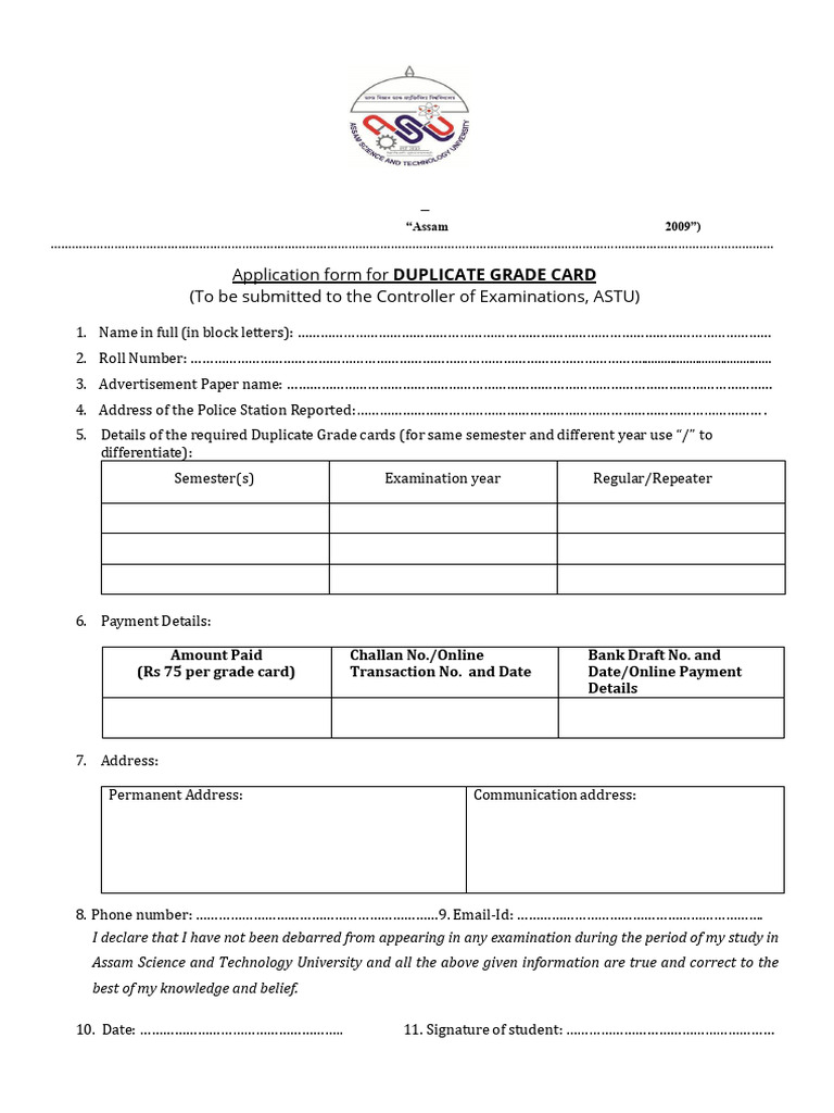 Duplicate Grade Card Application Form | PDF | Payments