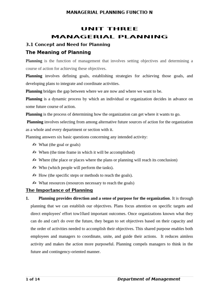 Unit 3 Managerial Planning (1) | PDF | Planning | Goal