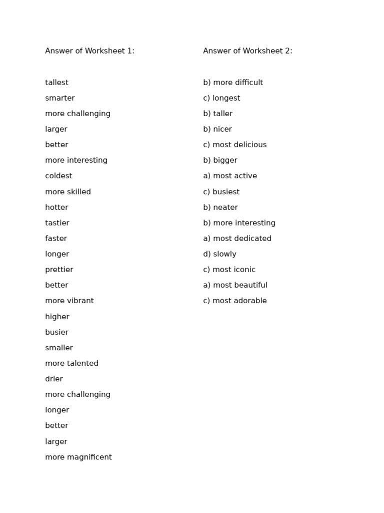 Comparative Adjectives Worksheet Answers | PDF