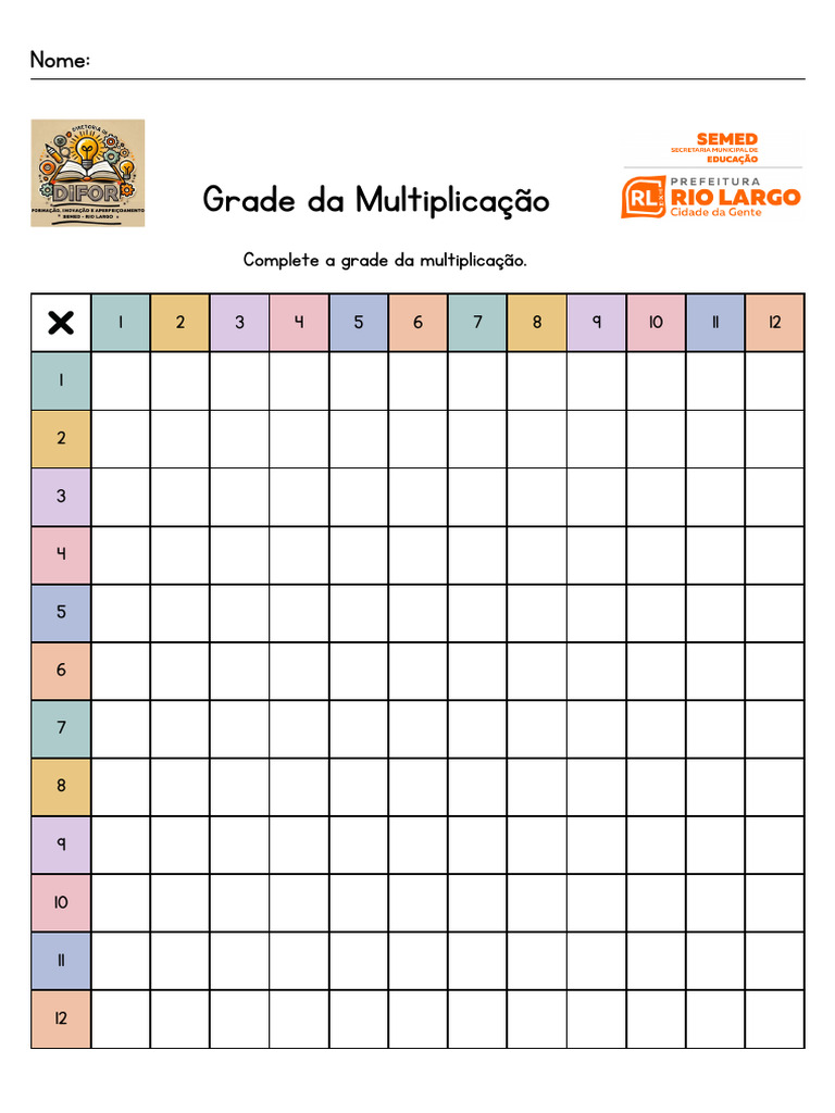 Multiplication Grid Worksheet in Pastel Colors Lined Style | PDF