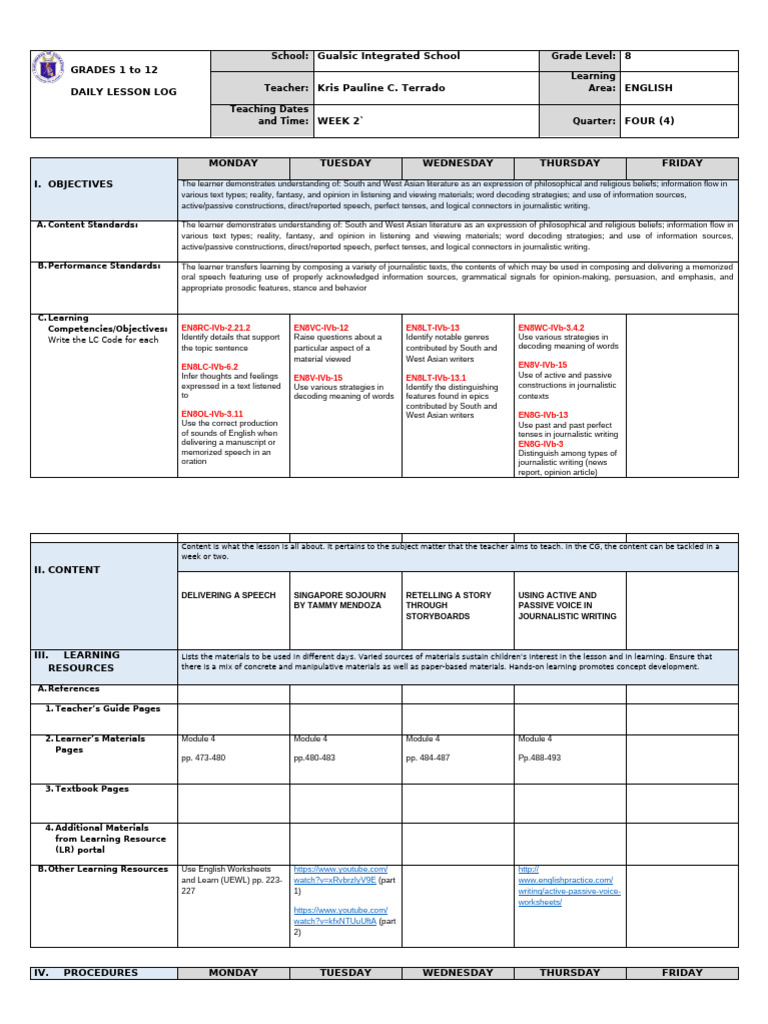 DLL Eng8 4thQ Week 2 | PDF | Learning | Teachers