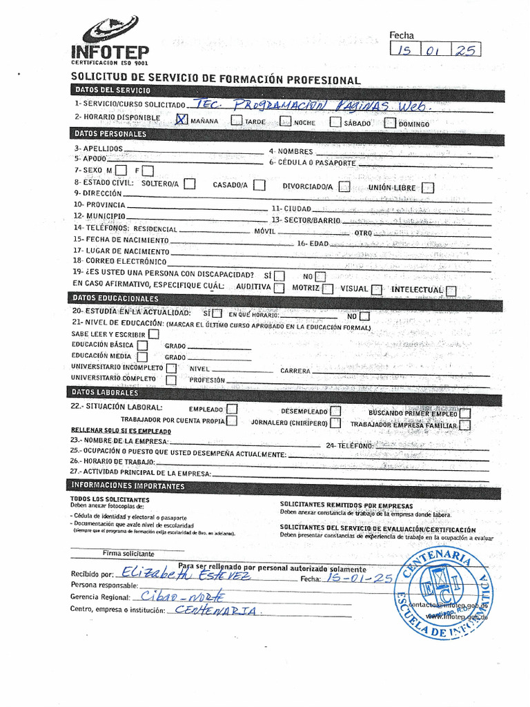 Ficha de Formulario de INFOTEP - Técnico en Programación de Páginas Web | PDF