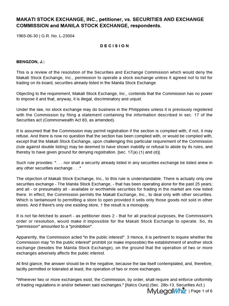 01 Makati Stock Exchange Inc Vs Securities Exchange Commission Et Al121 Phil 1412 | PDF | Prices ...