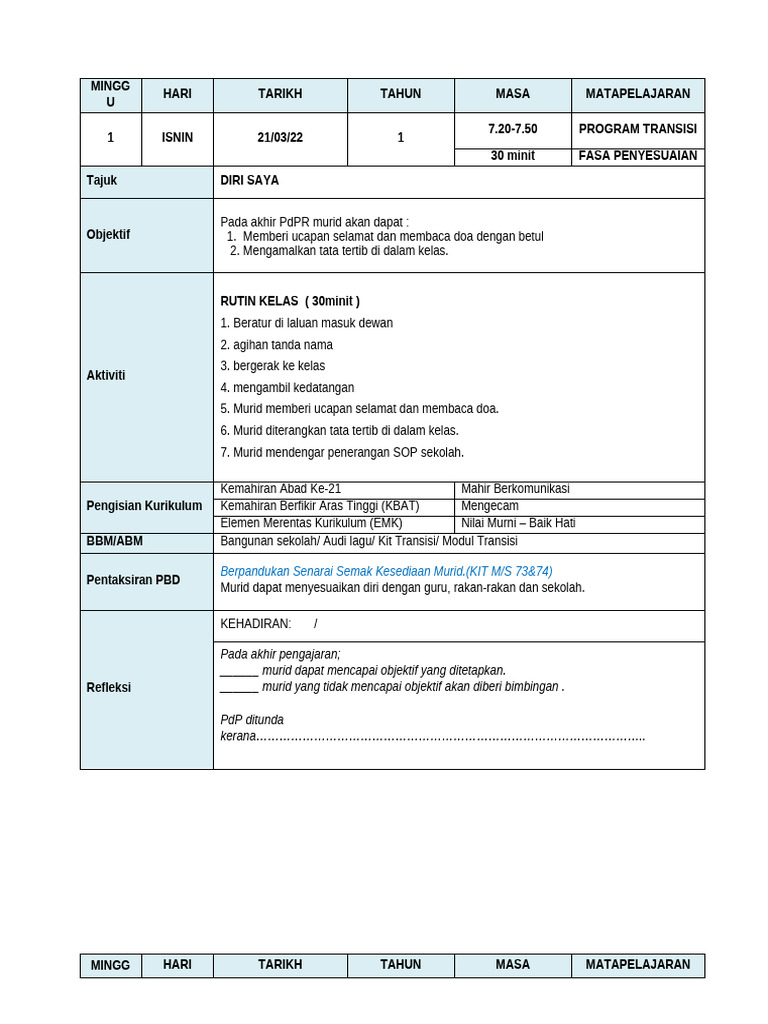 RPH Transisi Fasa Penyesuaian | PDF