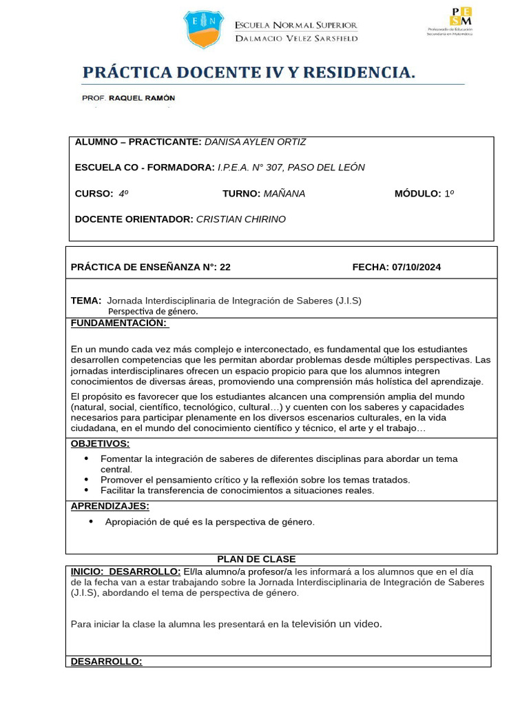 Plan de Clase 22 JIS - Ortiz D. Aylen - IPEA 307 | PDF | Mujer | Hombre