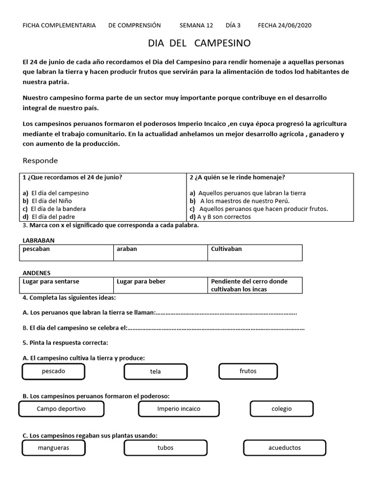 Ficha Complementaria Comprension Lectora Semana 12 Dia 3 | PDF | Perú | Imperio Inca