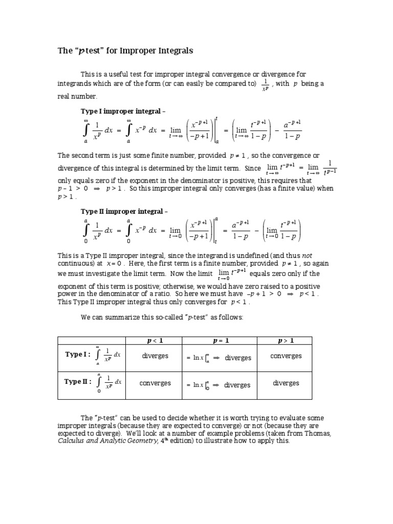 The "P-Test" For Improper Integrals: X DX X DX X T A | PDF | Integral ...