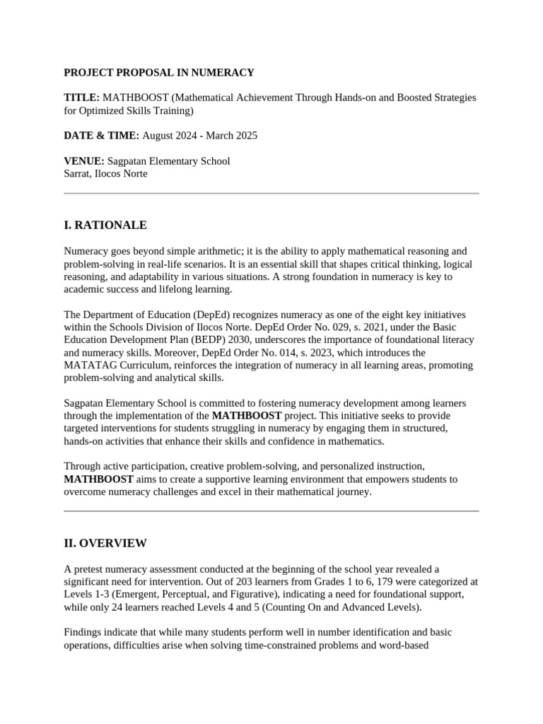 PROJECT PROPOSAL IN NUMERACY-purok 3 | PDF | Learning | Teachers