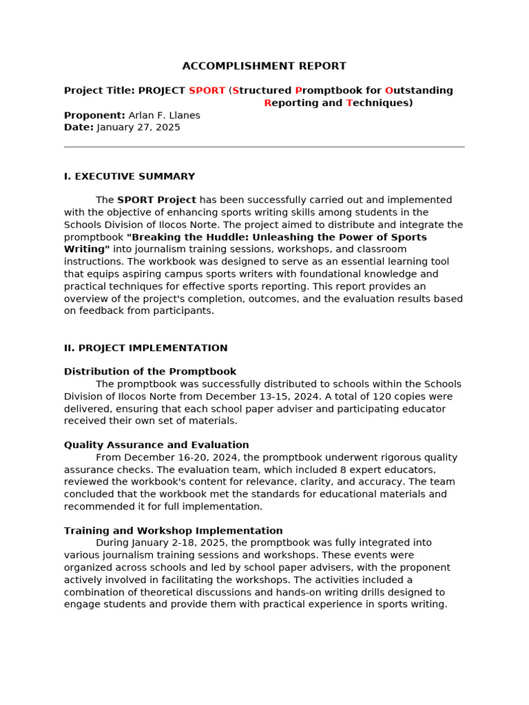 Accomplishment Report-Project Sports-Arlan | PDF | Teachers | Sports