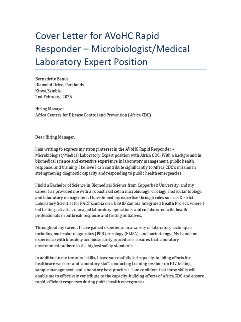 Microbiologist Cover Letter for Africa CDC | PDF | Laboratories ...