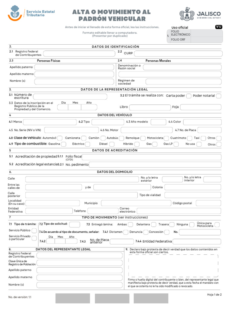 Formato V1J para Padrón Vehicular Jalisco | PDF | Vehículos | Transporte