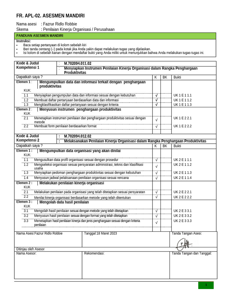 Apl-02 Asesmen Mandiri | PDF