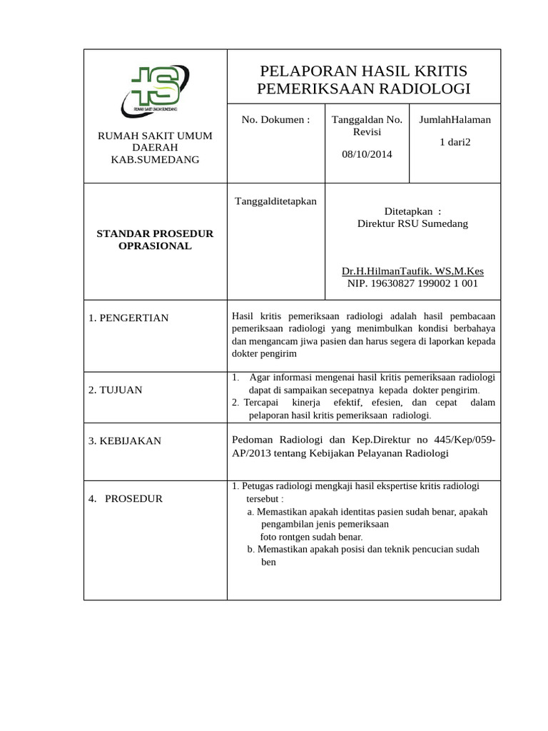 PELAPORAN HASIL KRITIS PEMERIKSAAN RADIOLOGI | PDF
