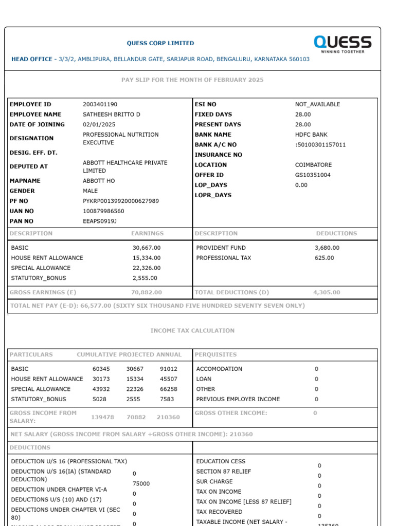Quess Corp Salary Slip - Feb 2025 | PDF | Tax Deduction | Taxes